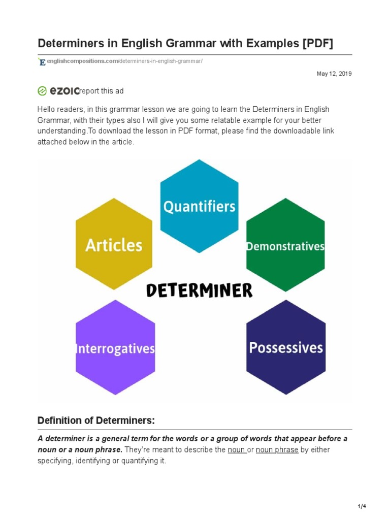 Determiners in English Grammar With Examples PDF | PDF | Grammatical ...