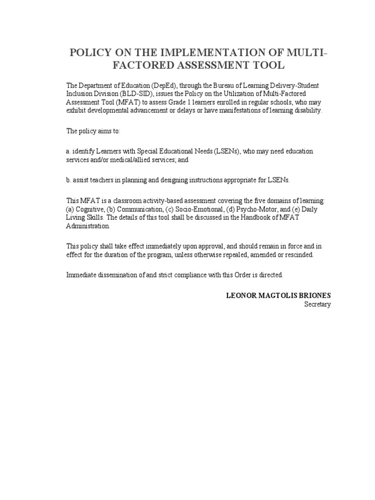 Policy On The Implementation of Mfat | PDF | Educational Assessment ...
