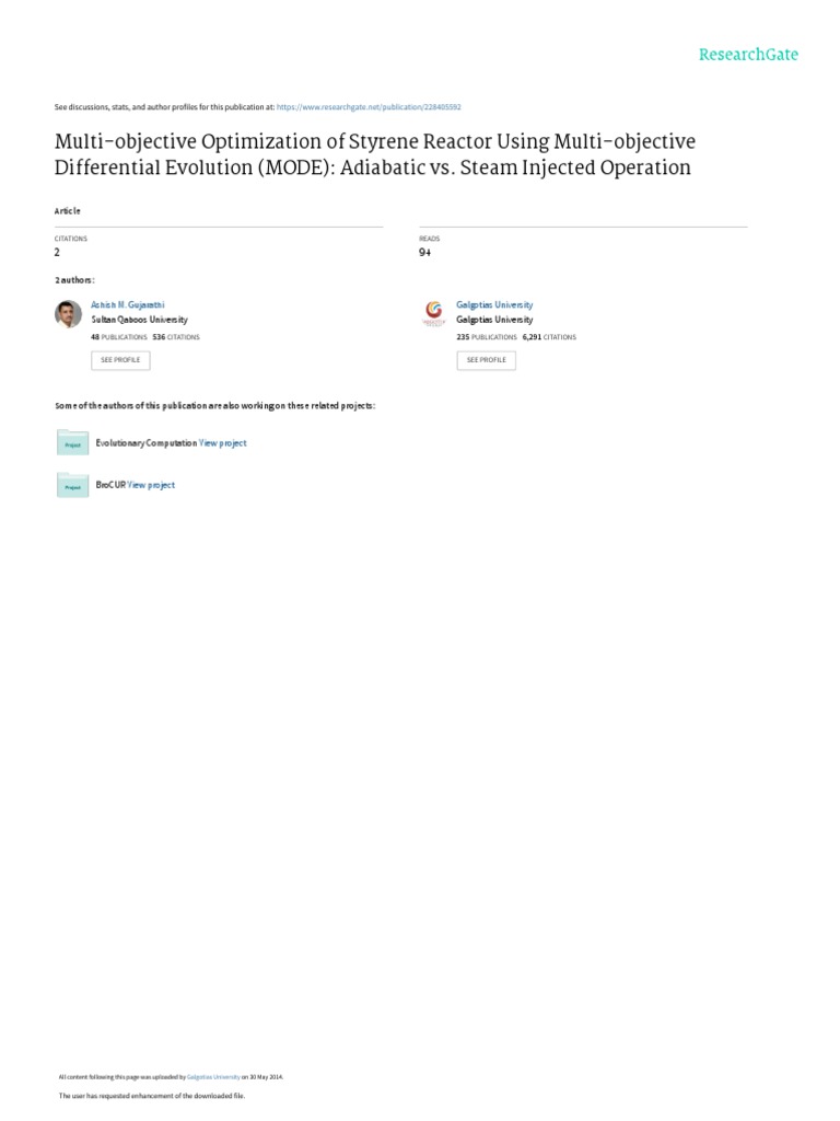 Multi-Objective Optimization of Styrene Reactor Us | PDF | Mathematical ...