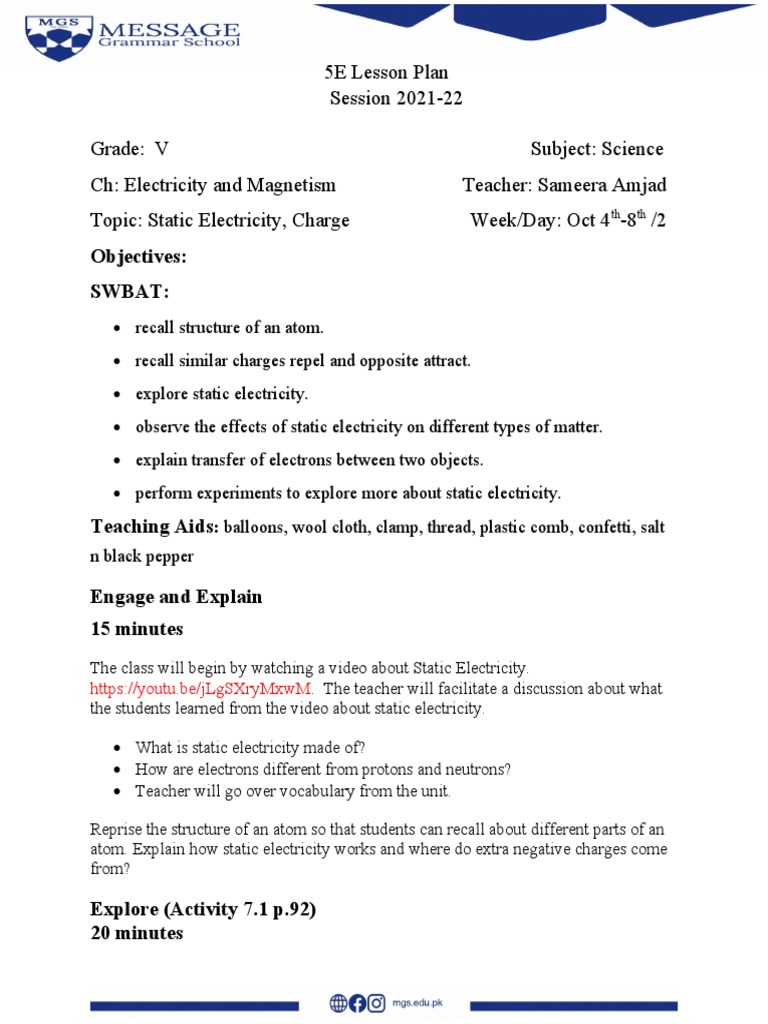 Static Electricity 5E Lesson Plan | PDF | Technology & Engineering