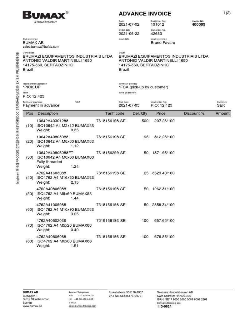 Advance Invoice: Bumax Ab | PDF | Invoice | Services (Economics)