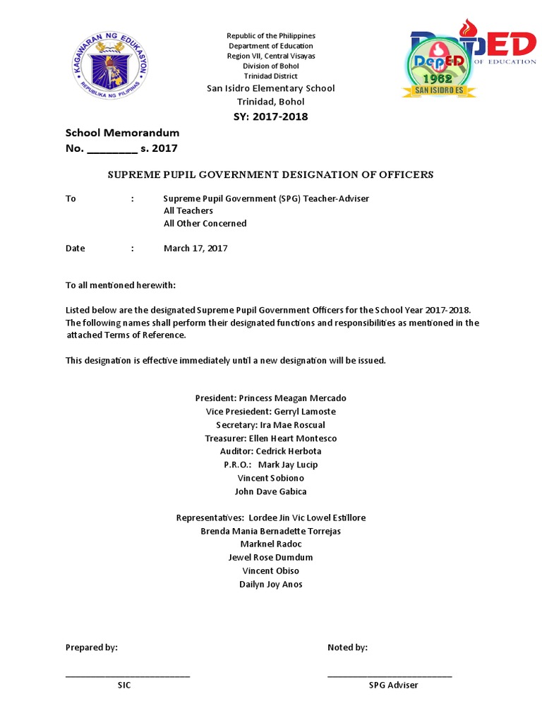 SY: 2017-2018 School Memorandum No. - S. 2017: Supreme Pupil Government ...