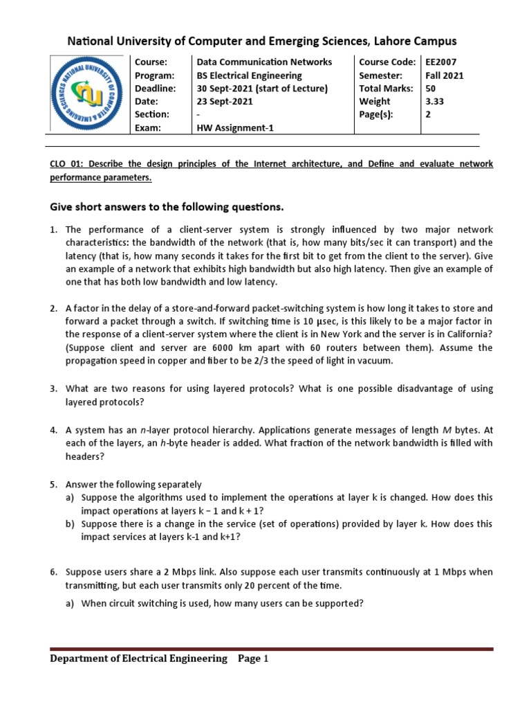 EE2007-DCN Assignment - 1 (CLO 01) | PDF | Computer Network | Packet Switching