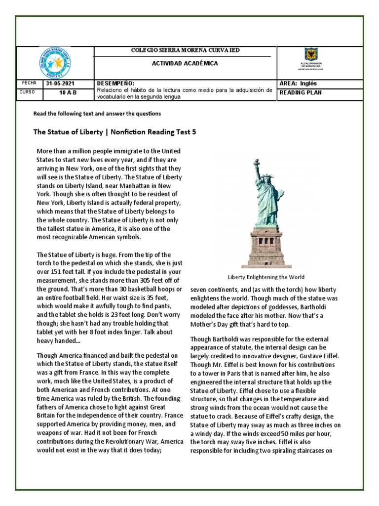 Statue of Liberty Reading Comprehension | PDF | History