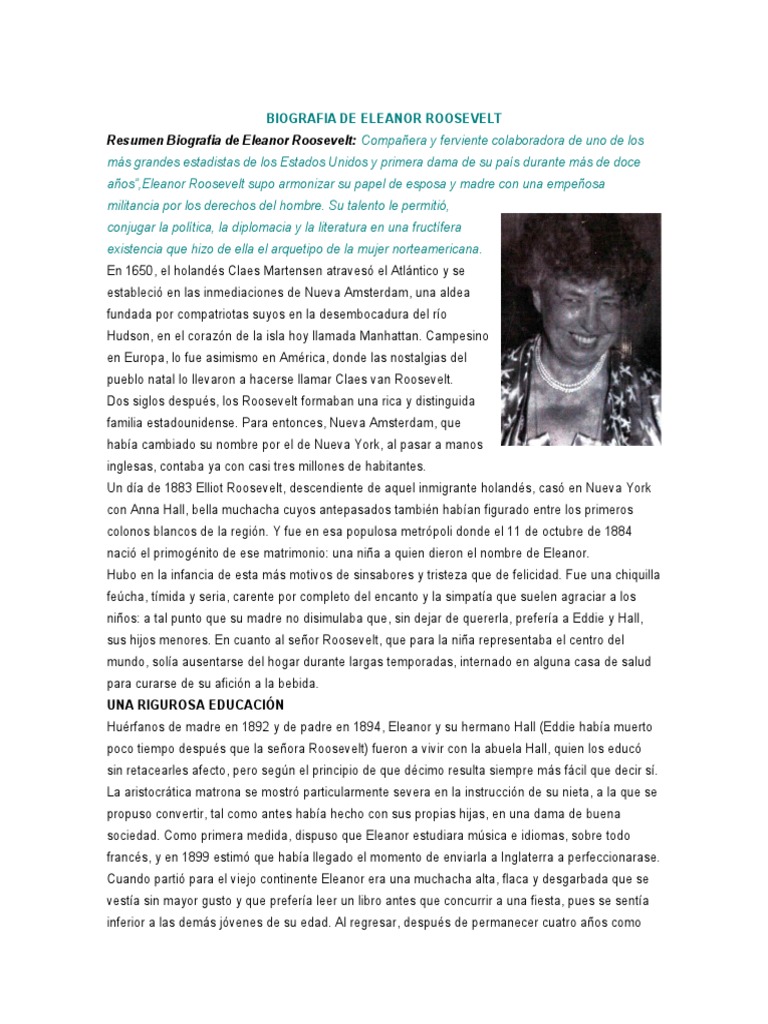 Biografía resumida de Eleanor Roosevelt | PDF | Eleanor Roosevelt ...