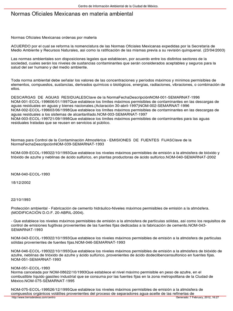 Normas Oficiales Mexicanas en materia ambiental: descripción de normas para control de la ...