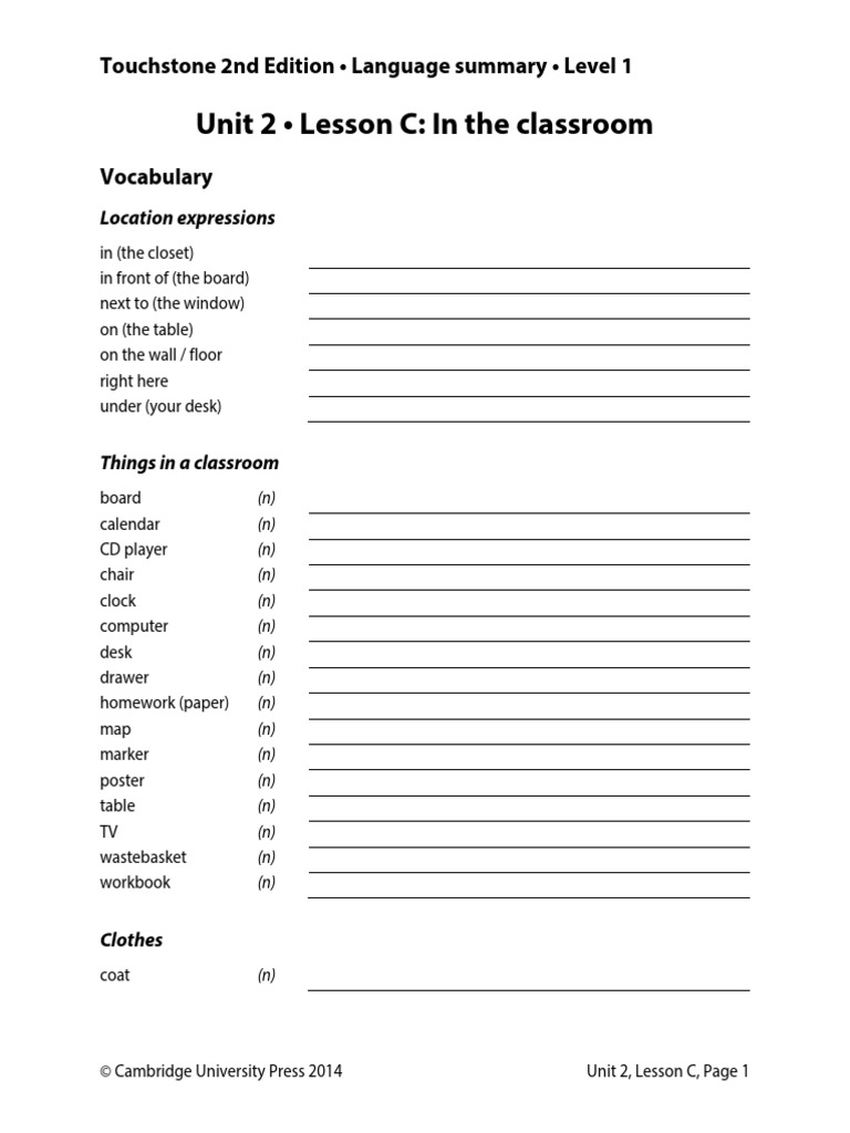 Unit 2 - Lesson C: in The Classroom: Touchstone 2nd Edition - Language Summary - Level 1 | PDF