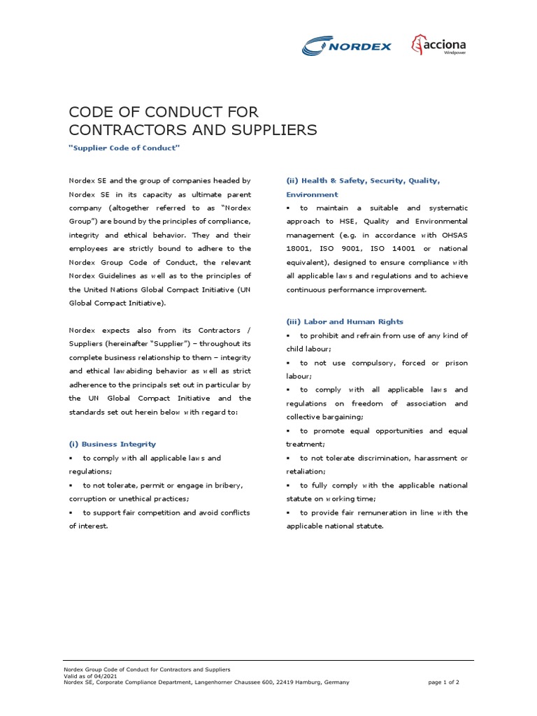 Code of Conduct For Contractors and Suppliers | PDF | Regulatory ...