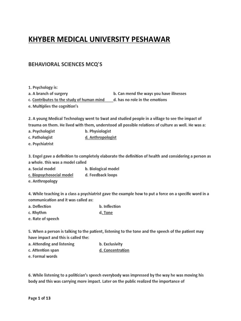 Khyber Medical University Peshawar: Behavioral Sciences MCQ'S | PDF | Communication | Memory