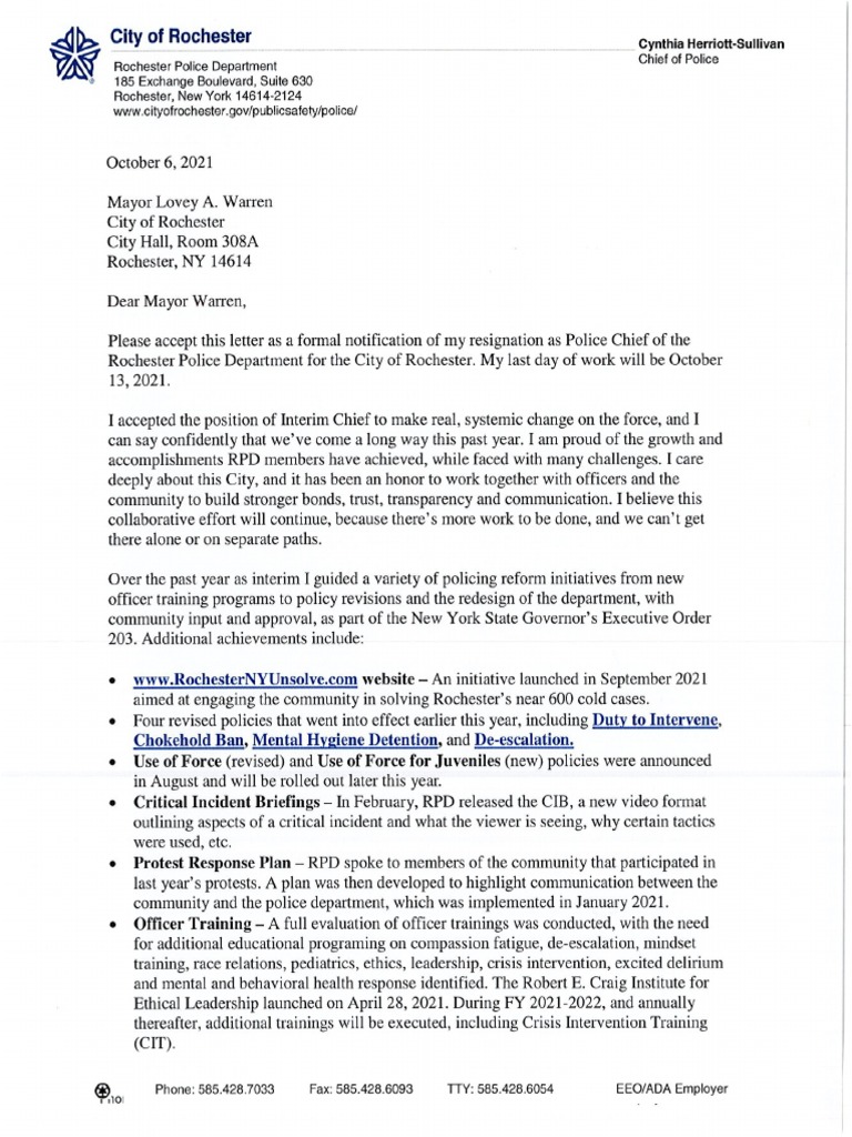 Formal Resignation Letter - Chief of Police Cynthia Herriott-Sullivan | PDF