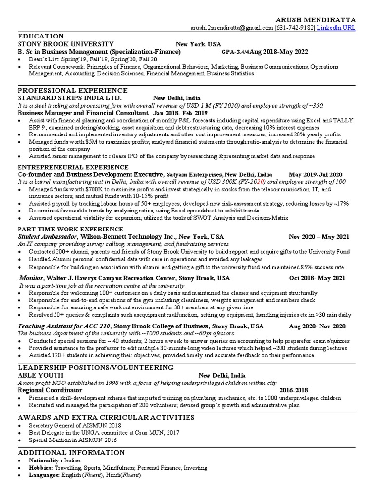 Arush M CV V5 R | Download Free PDF | Business | Expense