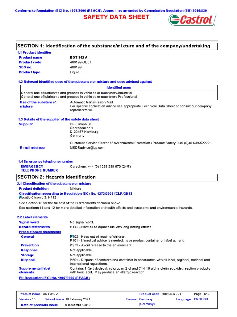 Safety Data Sheet: SECTION 1: Identification of The Substance/mixture ...