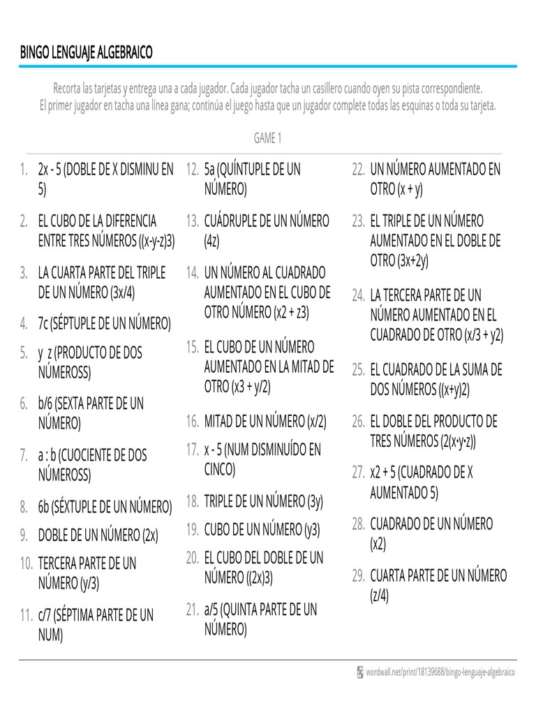 Bingo Lenguaje Algebraico | PDF