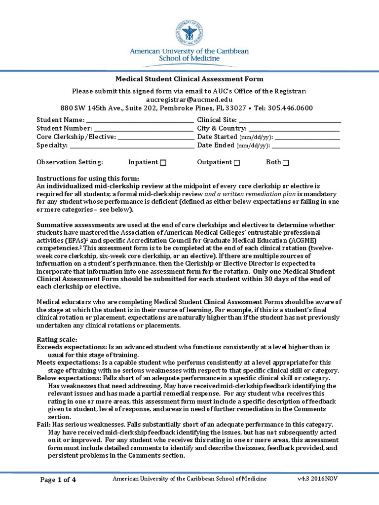 Medical Student Clinical Assessment Form: (Mm/dd/yy) (Mm/dd/yy) | PDF ...