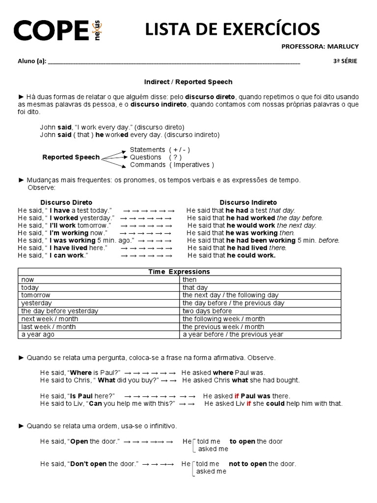Lista de Exercicios Reported Speech 786250 | PDF