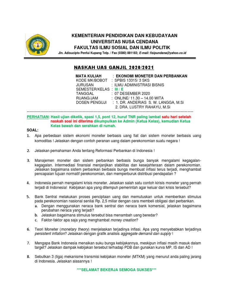 Soal Uas Eko Moneter & Perb - Iii E-2020.1 | PDF