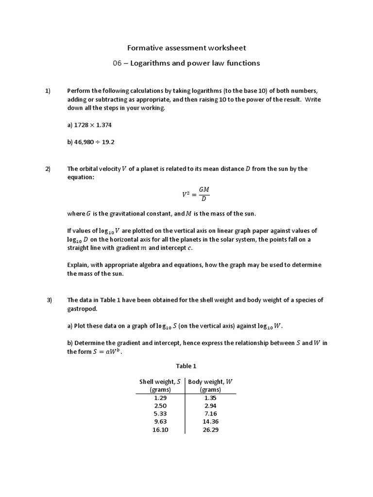 Formative Assessment Worksheet 06 - Logarithms and Power Law Functions ...