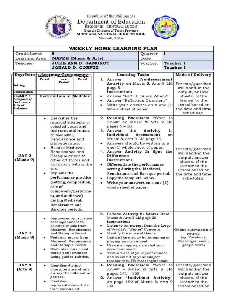 Weekly MAPEH Home Learning Plans for Grade 9 | PDF | Cognition
