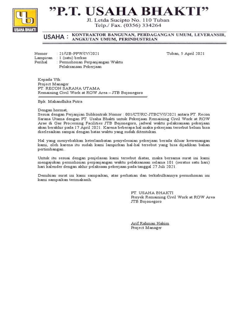 Surat Permohonan EOT - UB JTB Bojonegoro R1 | PDF