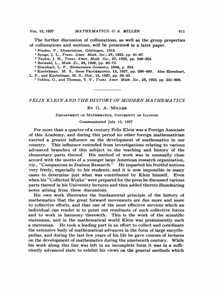 Miller G. A. - Felix Klein and The History of Modern Mathematics (1927 ...