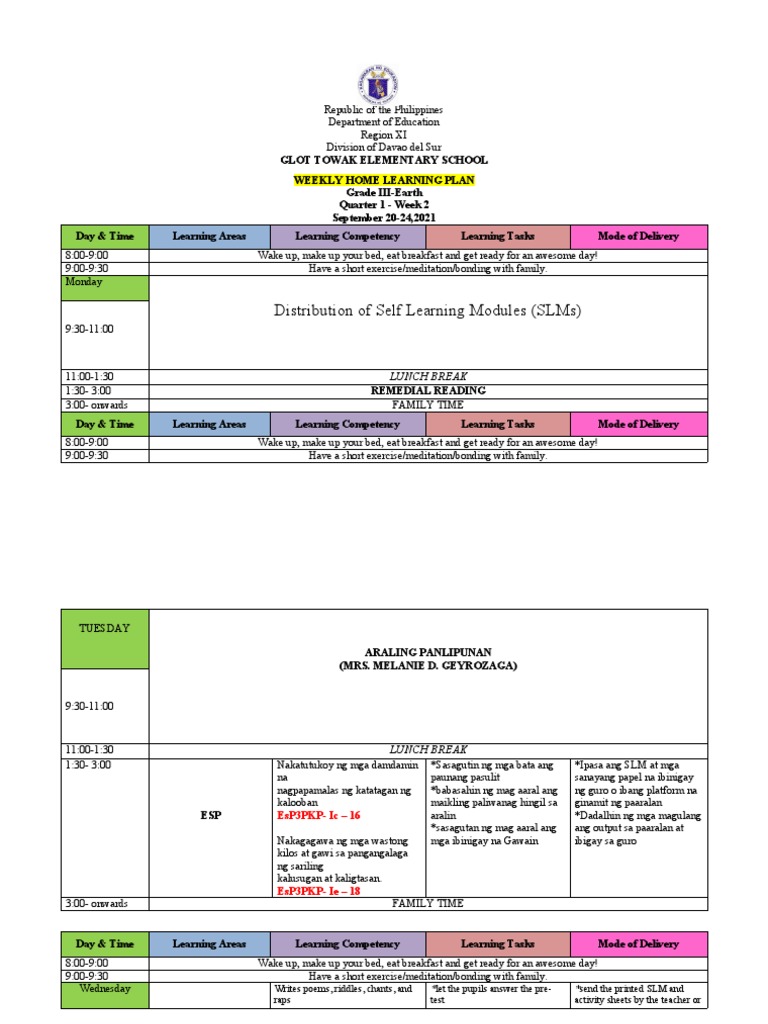 Grade 3 Weekly Learning Plan | PDF