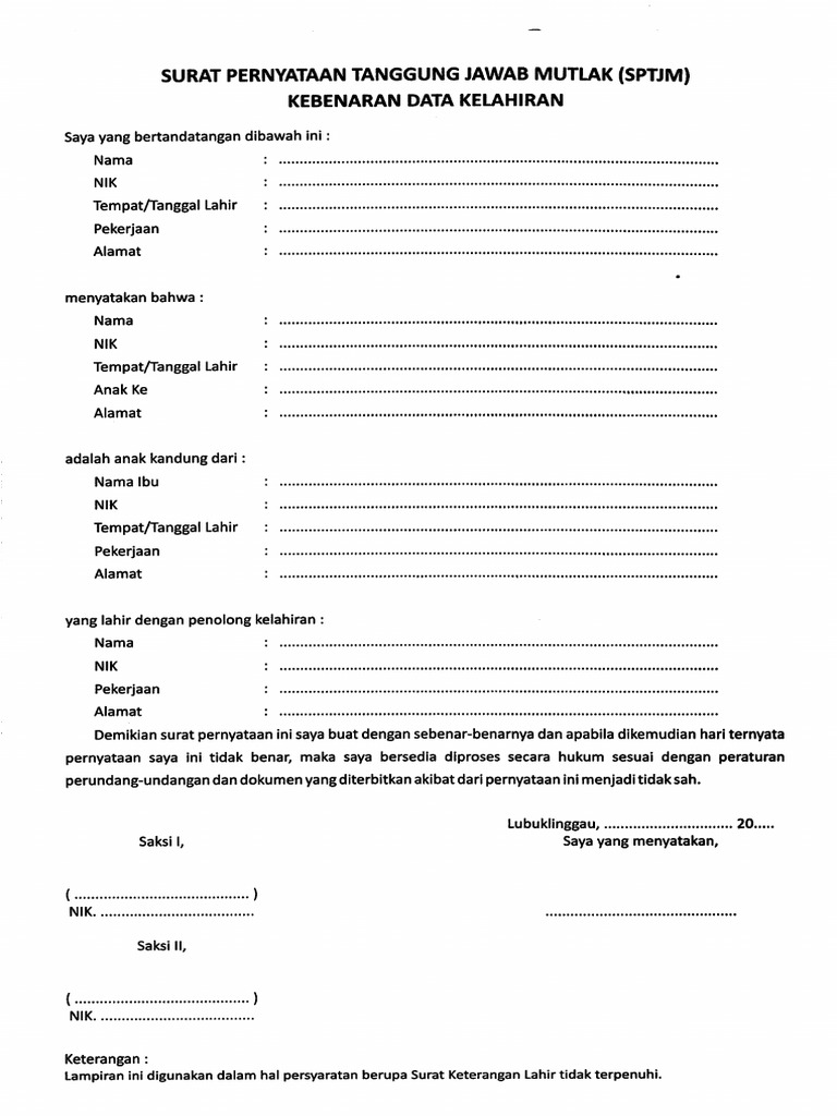 Formulir SPTJM Kelahiran | PDF