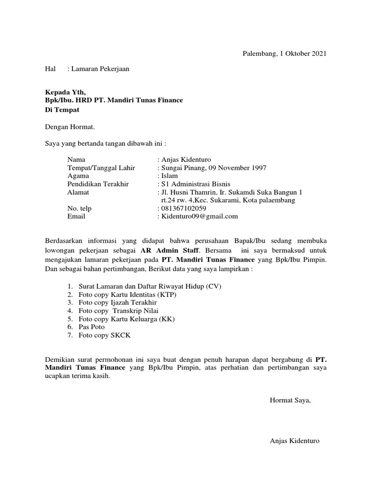Surat Lamaran Kerja Anjas Mandiri Tunas Finance | PDF