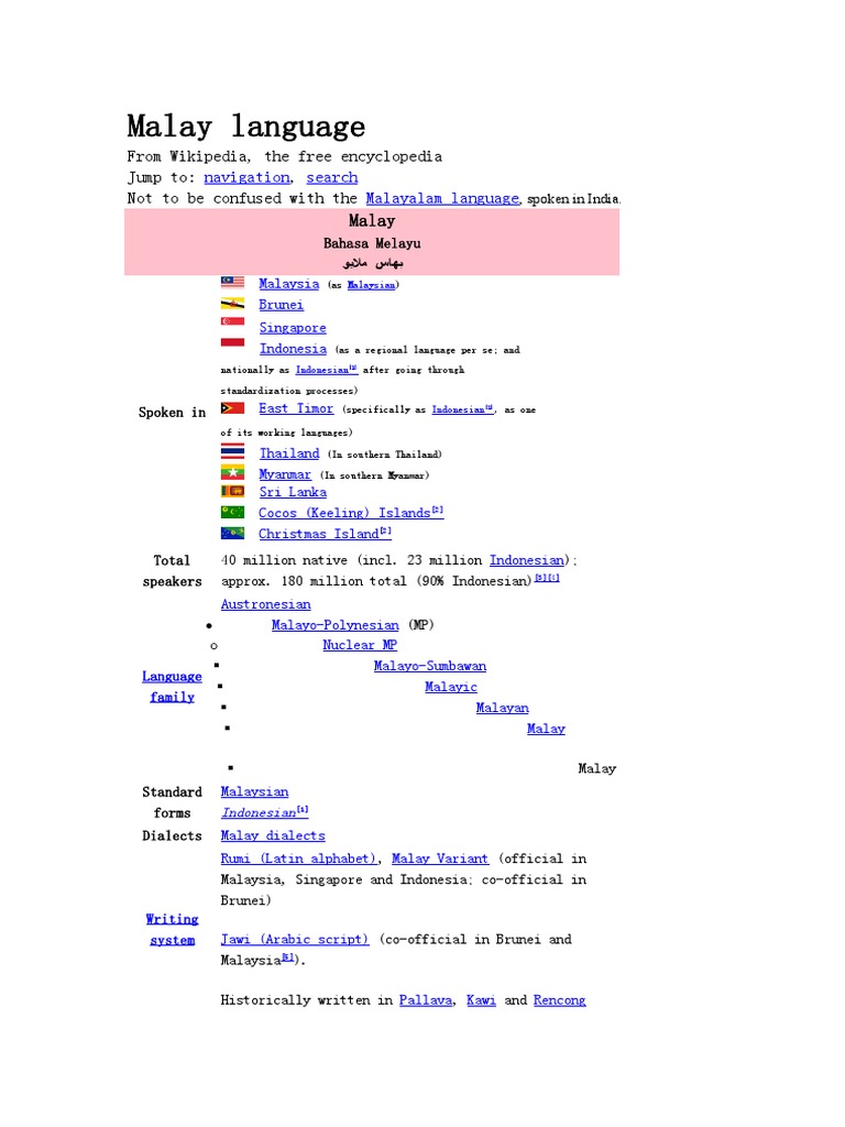 Malay Language: From Wikipedia, The Free Encyclopedia Jump To:, Not To ...