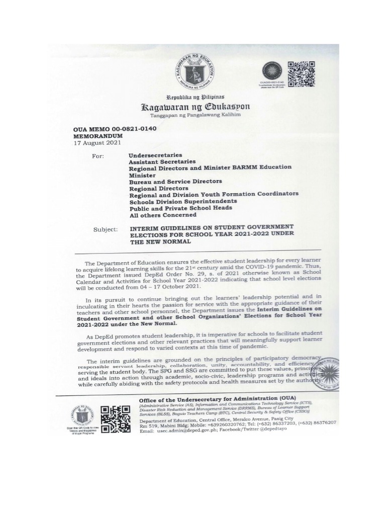 Interim Guidelines On Sg Elections For School Year 2021 2022 Under The