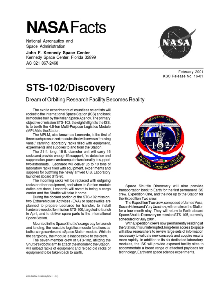 Nasa Facts STS-102 | PDF | International Space Station | Space Shuttle ...