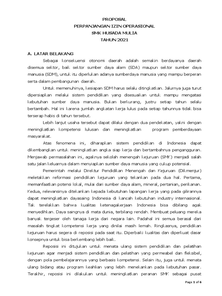Proposal Ijin Operasional SMK HUSADA MULIA | PDF