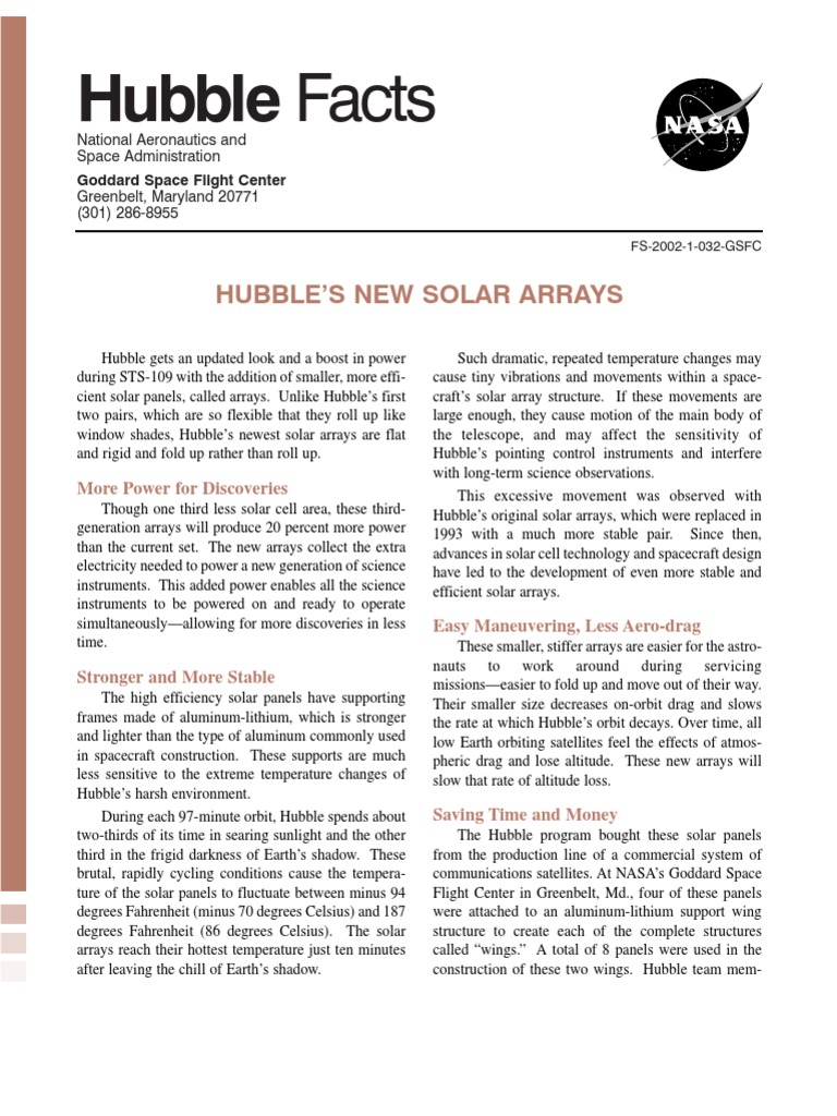 Hubble Facts Hubble's New Solar Arrays | PDF | Hubble Space Telescope ...