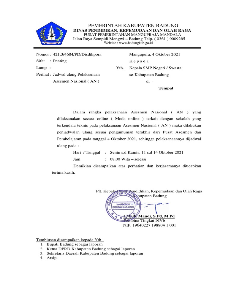 Surat Jadwal Ulang Pelaksanaan AN 2021 | PDF
