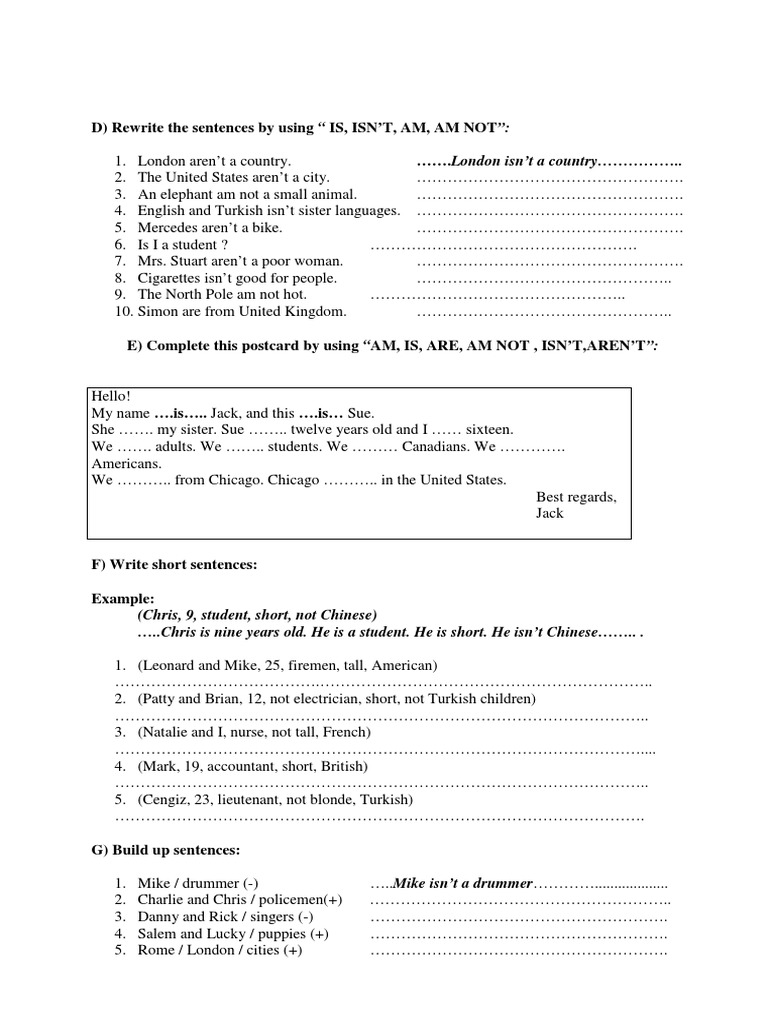 Grammar Practice with "Is, Isn't, Am, Am Not" | PDF | Games ...