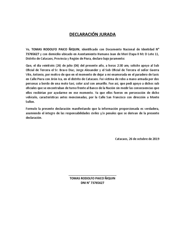 Declaración Jurada Por Robo | PDF