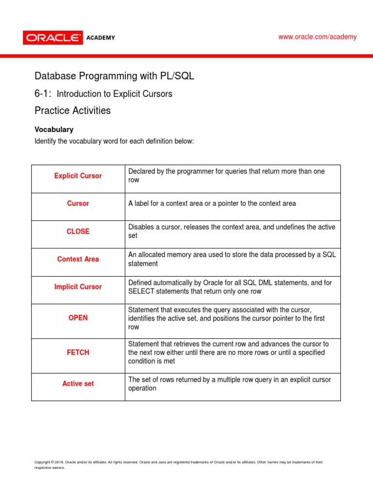 Toaz - Info Database Programming With PL SQL 6 1 Practice Activities Introduction To Expli PR ...