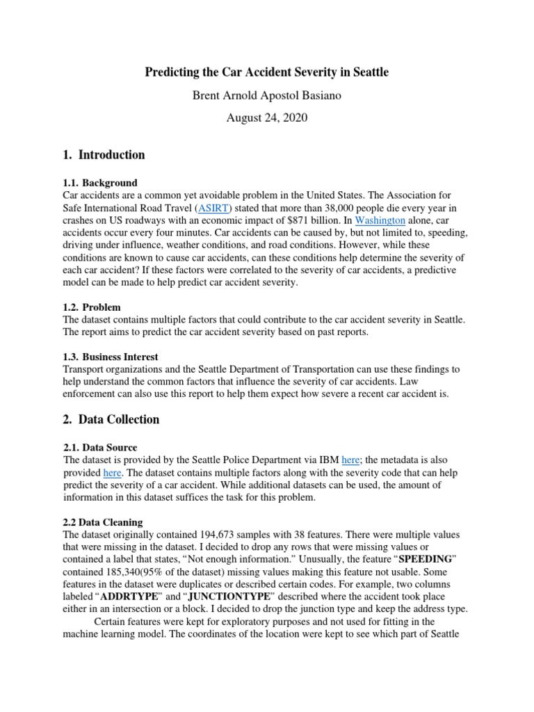 Predicting Car Accident Severity in Seattle | PDF | Statistical ...