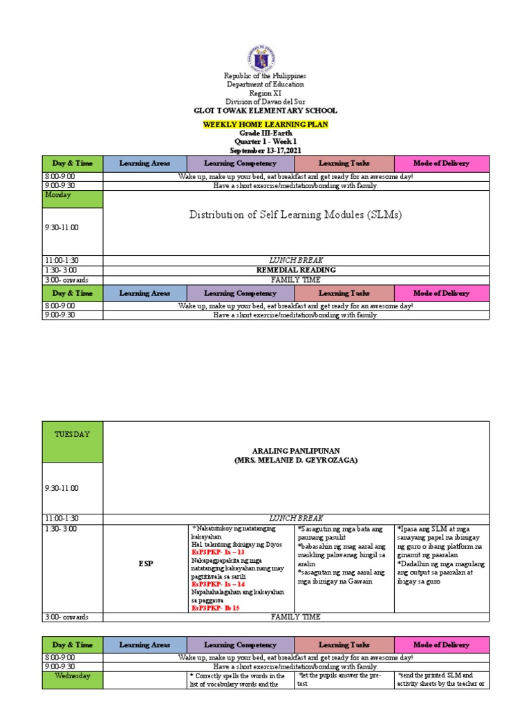 Grade 3 Weekly Learning Plan - Q1 | PDF | Cognition