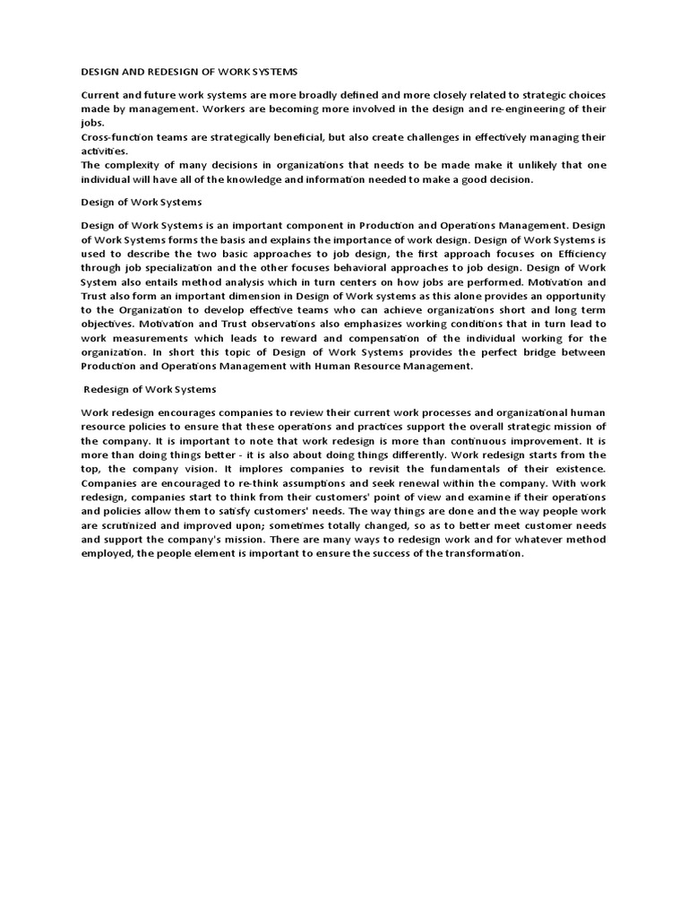 Design And Redesign Of Work Systems Pdf System Design