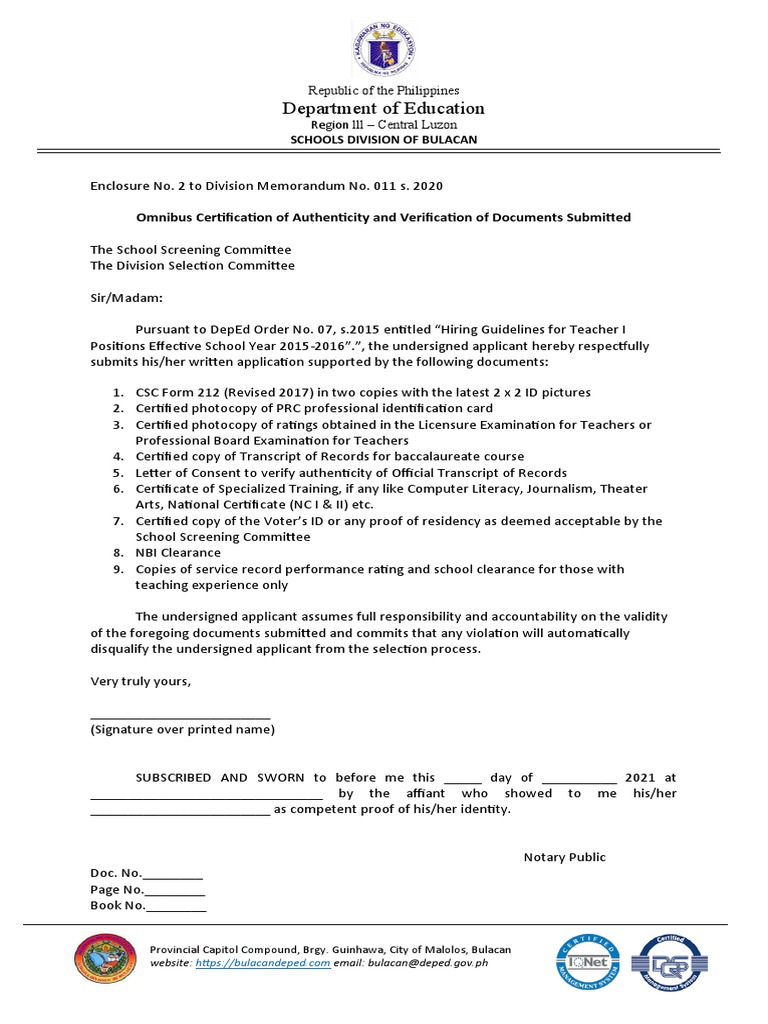 Department of Education: Omnibus Certification of Authenticity and ...