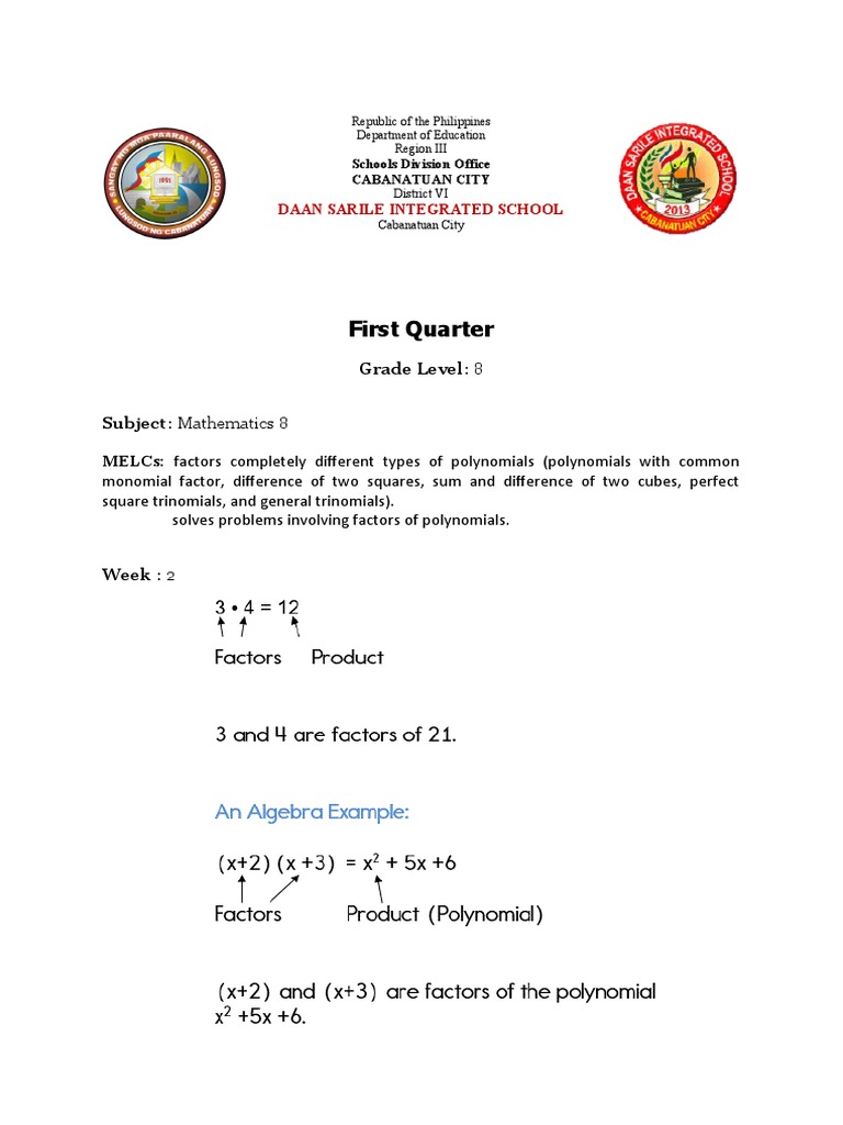 Math8-Activity Worksheet - Week2 | PDF | Factorization | Rectangle