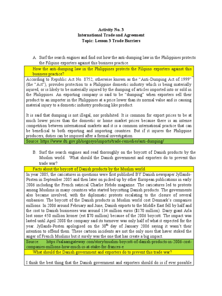 Activity No. 3 Trade Barriers | PDF | Dumping (Pricing Policy) | Trade