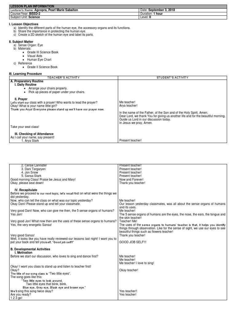 Detailed Lesson Plan No. 1 | PDF | Cornea | Human Eye