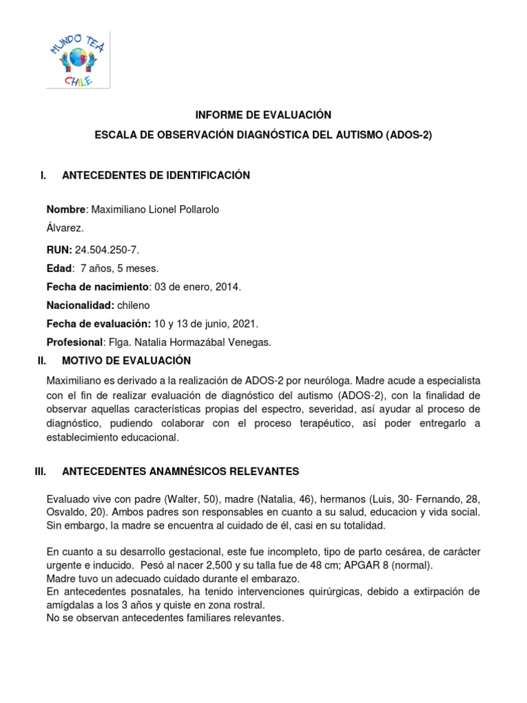 Informe Ados-2 Maximiliano (M.3) | PDF | Espectro autista | Comunicación
