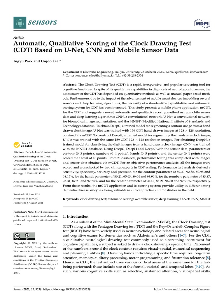 Sensors: Automatic, Qualitative Scoring of The Clock Drawing Test (CDT ...