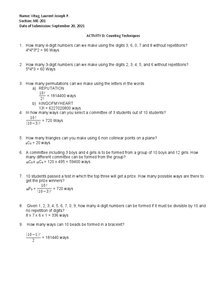 ENGDATA Activity D (Counting Techniques) | PDF