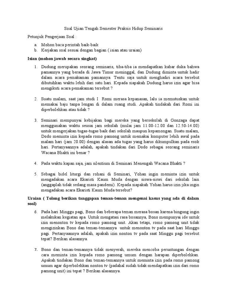 Soal Ujian Tengah Semester Praksis Hidup Seminaris | PDF