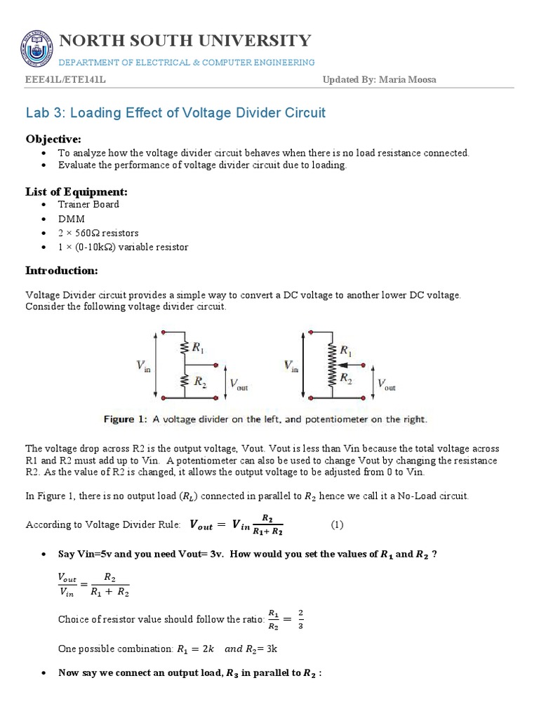 North South University: Lab 3: Loading Effect of Voltage Divider Circuit | PDF | Quantity ...