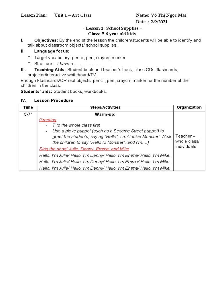 Lesson Plan-Unit 1-Lesson 1-Everybody Up-Starters | PDF | Cognition | Neuropsychological Assessment