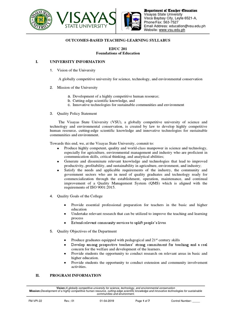 EDUC 201 - OBE-Based Syllabus | PDF | Teachers | Sustainability